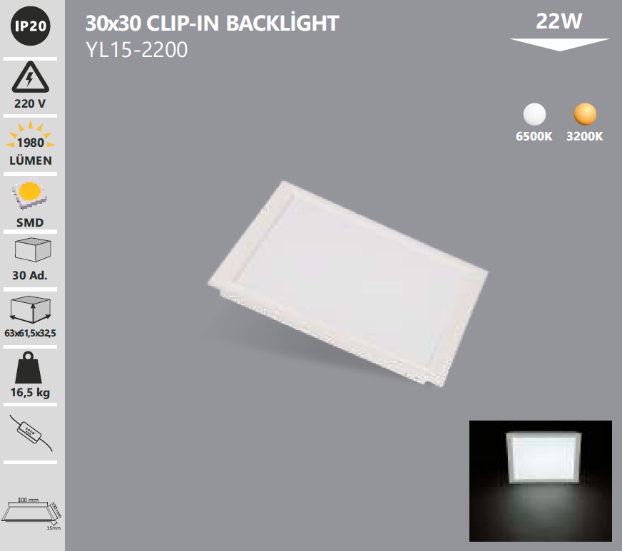 YL15-2200 30x30 CLIP-IN Backlight Panel 22 Watt